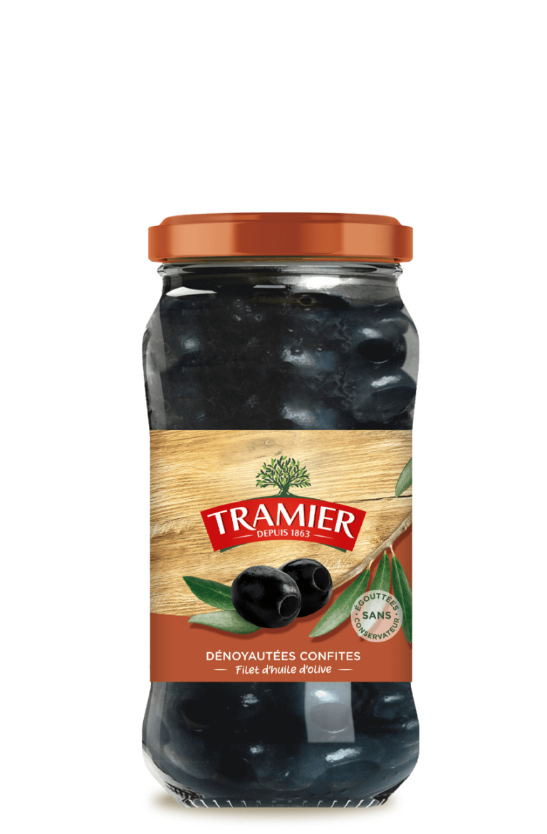 Olives Noires Confites Dénoyautées 150g | Tramier